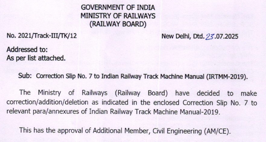 Sub: Correction Slip No. 7 to Indian Railway Track Machine Manual ...